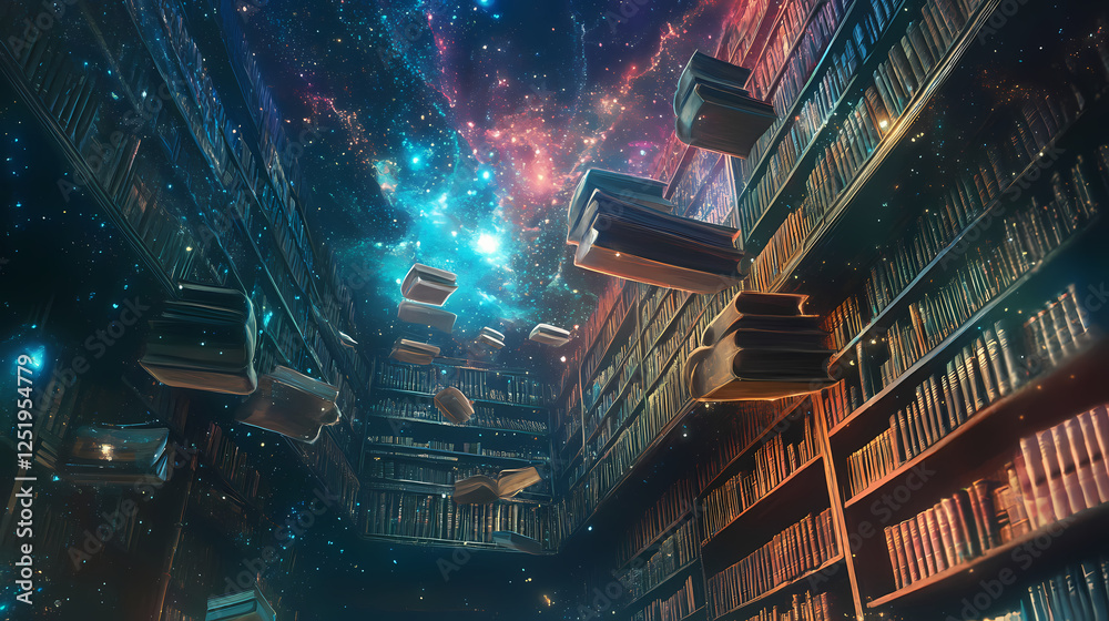 Beyond imagination concept. a library suspended in space with books ...