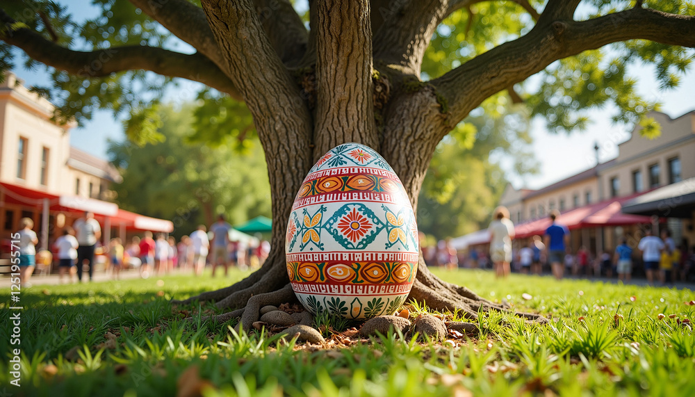 Hand-painted Easter egg under banyan tree, celebrating cultural ...