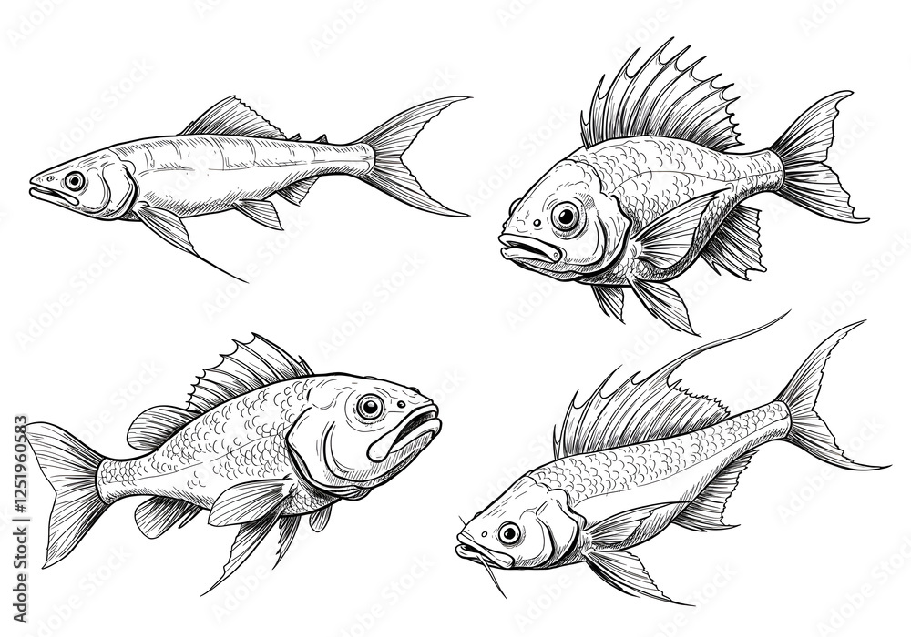 Set of four drawings of fish on a white background, each with different ...