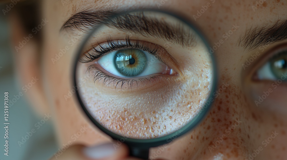 Close examination of skin texture using a magnifying glass reveals fine ...
