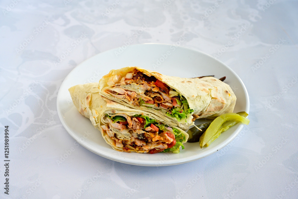 Lavash doner kebab ( soslu kasarli zurna doner durum ) or shawarma ...