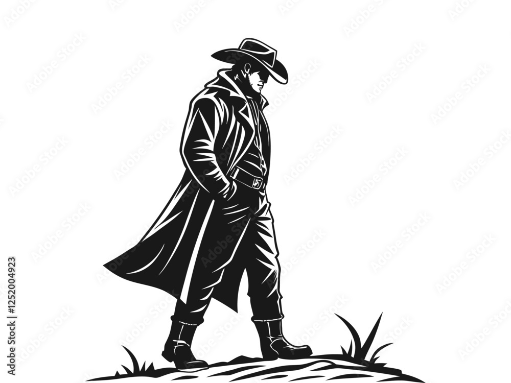 Western cowboy in a duster coat and hat, black silhouette, rugged and ...