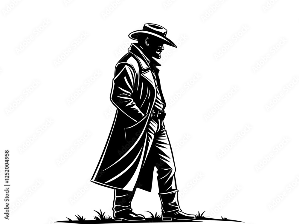 Western cowboy in a duster coat and hat, black silhouette, rugged and ...
