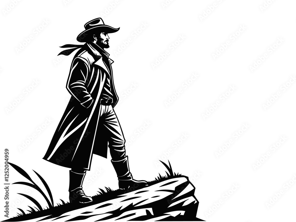 Western cowboy in a duster coat and hat, black silhouette, rugged and ...