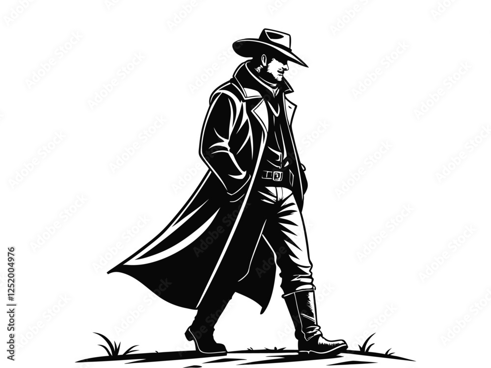 Western cowboy in a duster coat and hat, black silhouette, rugged and ...