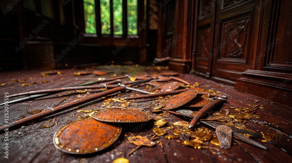 Rusty shields and swords in abandoned mansion Stock Illustration ...