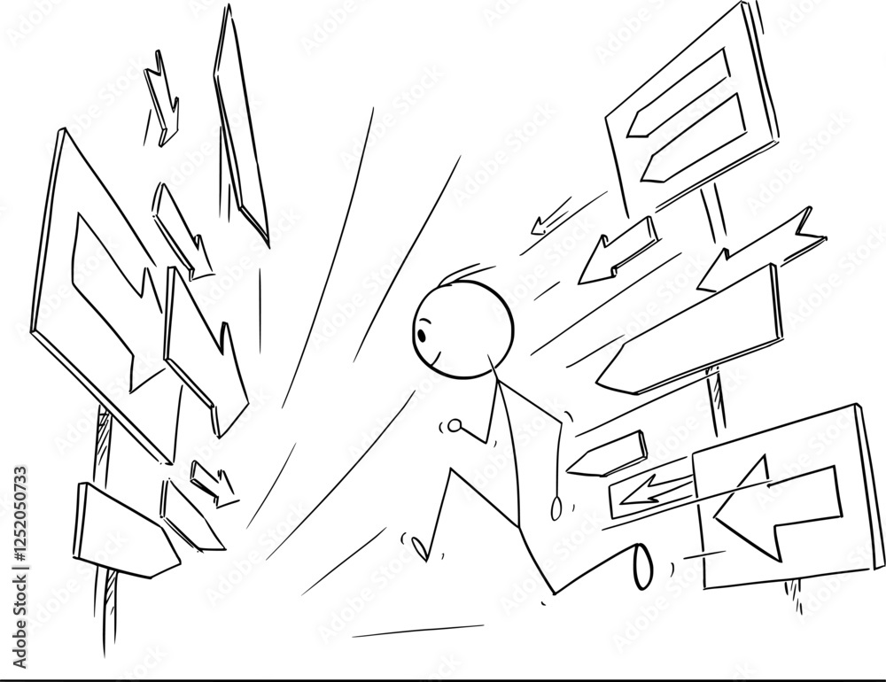 Person running in direction following arrows, vector cartoon stick ...