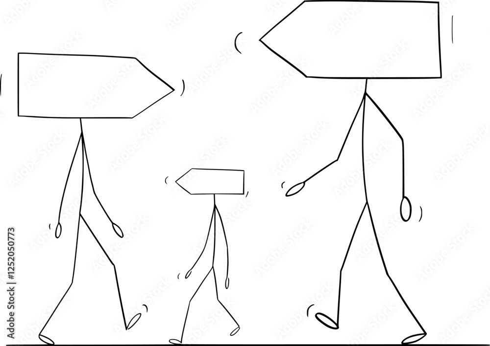 Persons and directions , vector cartoon stick figure or character ...
