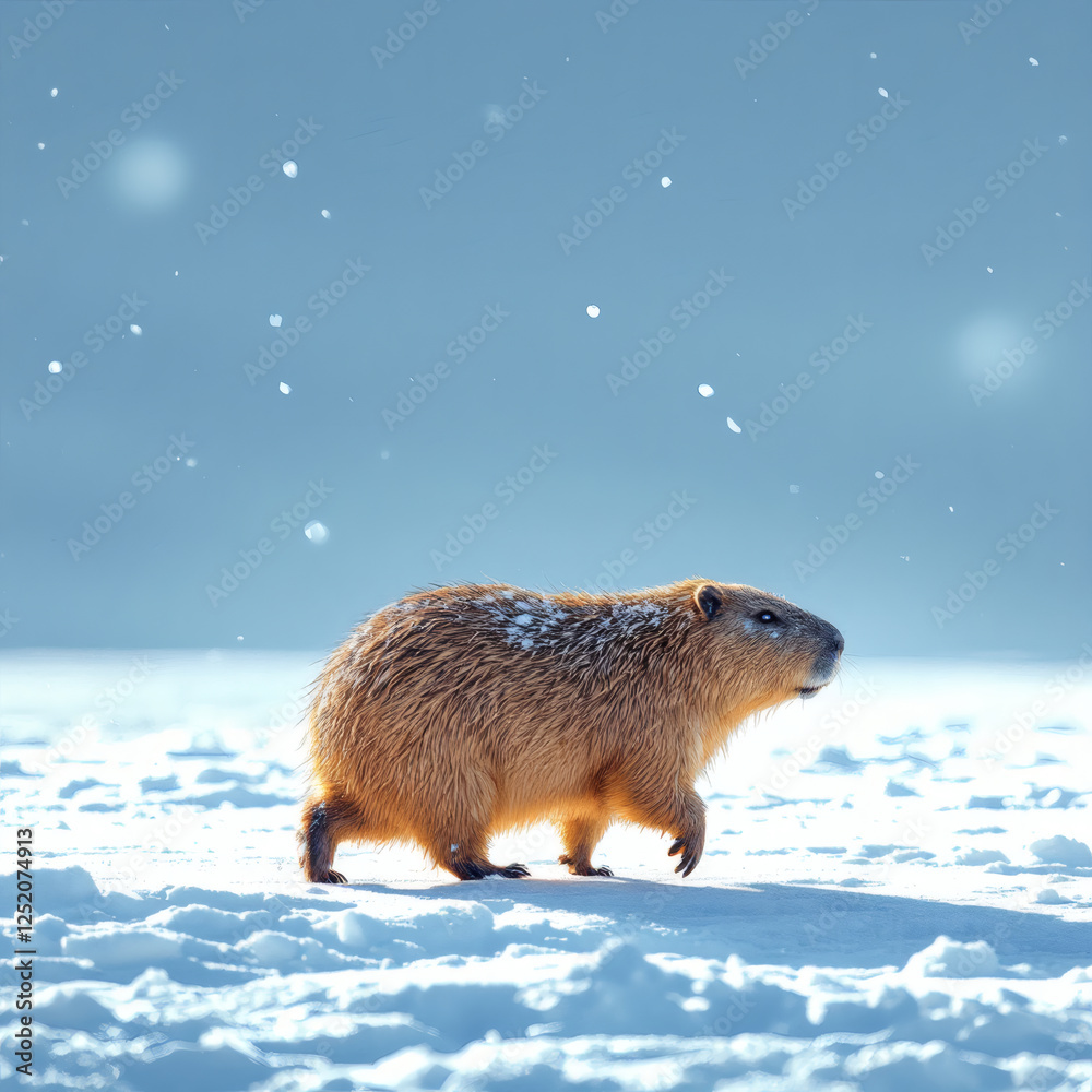 Side view of a capybara walking on the North Pole against a snowy ...
