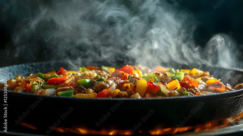 Sizzling fajita platter cooking on a stove with steam rising in a dark ...