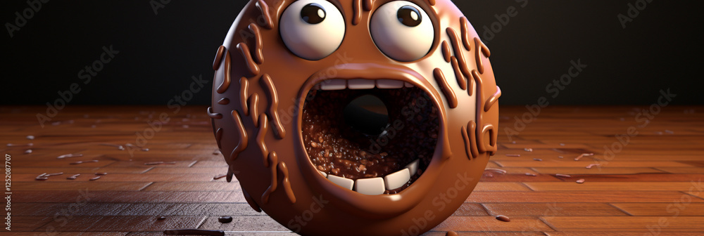 Banner with screaming chocolate donut with wild expression. Playful ...