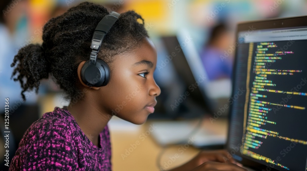 Focused African American Girl Coding on Computer at School Stock Photo ...