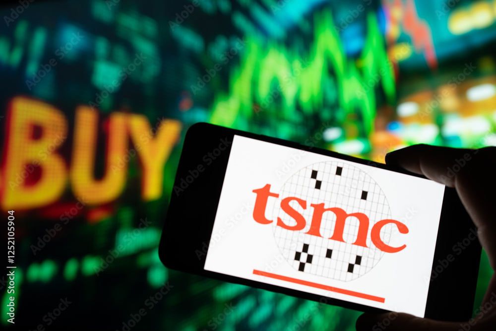 TSMC Taiwan Semiconductor logo on smartphone screen, green stock market ...