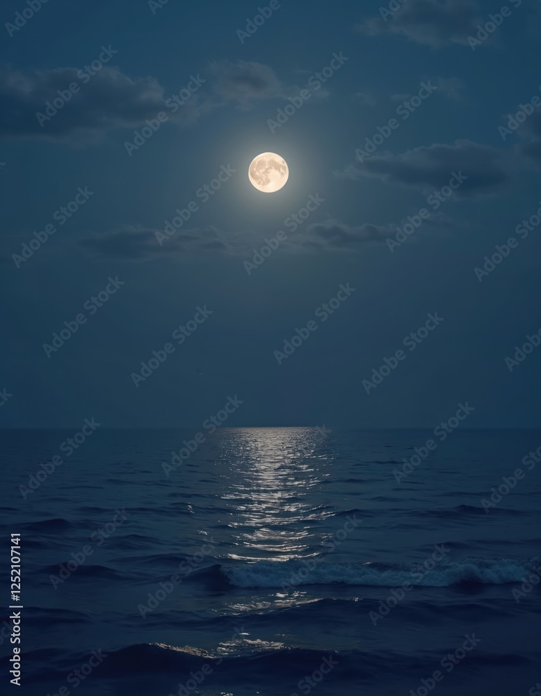 Full moon over dark sea. Night sky with clouds. Moonlight reflects on ...