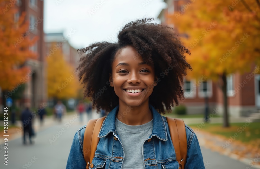 Smiling young black student ready for school year on campus in fall ...