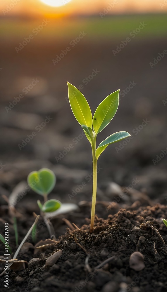 sprout awakening spring ground backdrop green little close sunset ...