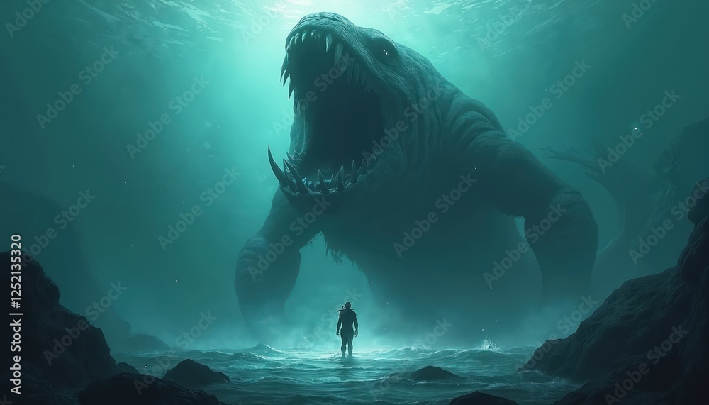 Sea monster attack on diver in deep blue ocean water. Fantasy ...