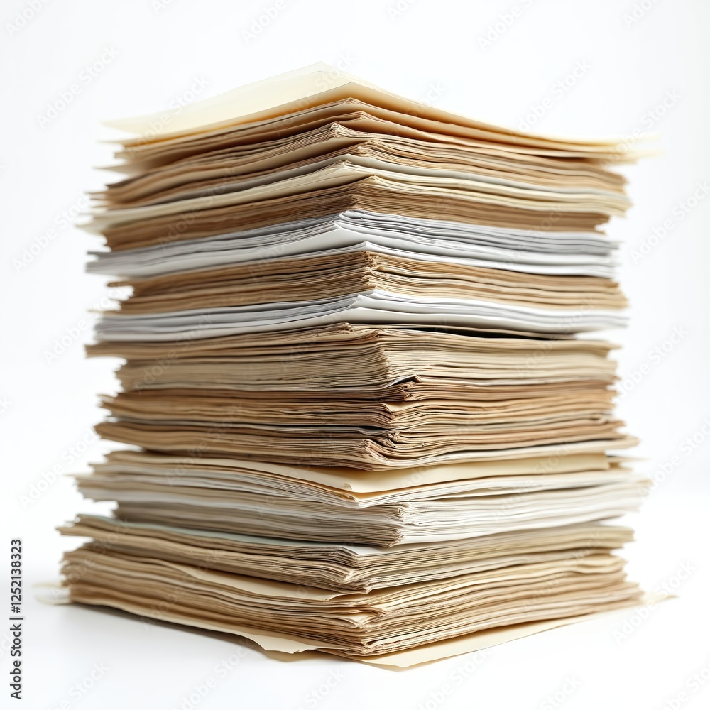 Stack of old brown documents isolated. Heap of vintage paper background ...