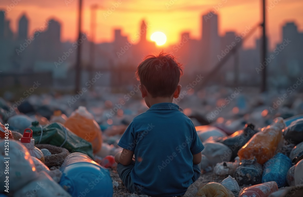 Sad child sits surrounded by plastic waste. Boy looks at polluted ...