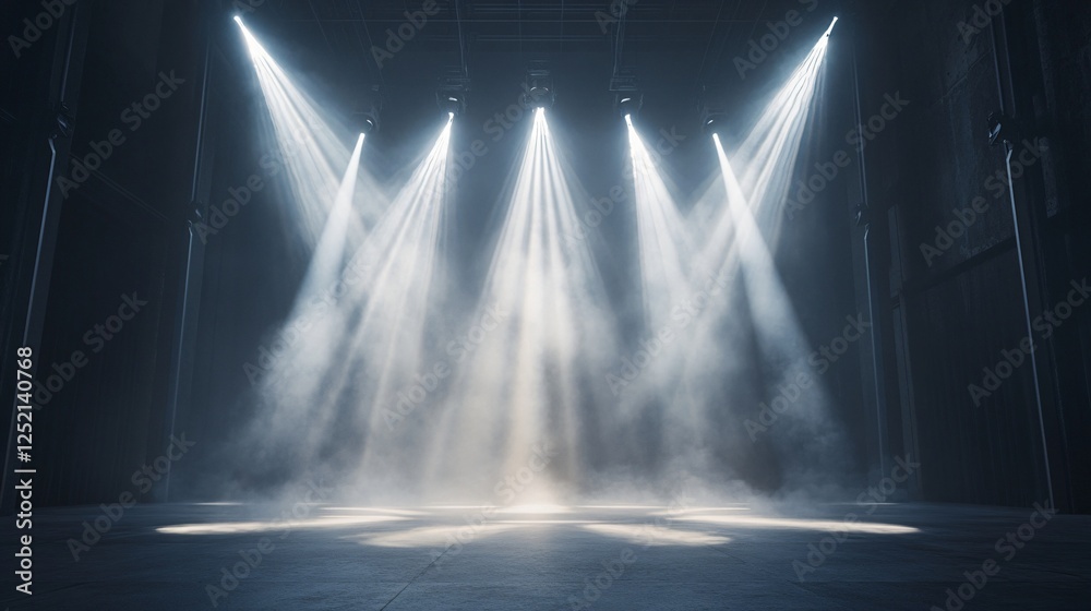 Grand Stage with Multiple Spotlights and Floating Dust Particles. Copy ...