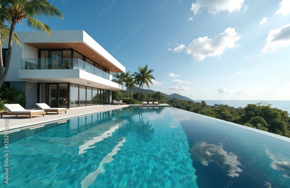 Luxury villa with infinity pool overlooks ocean, green hills. Modern architecture residence ...