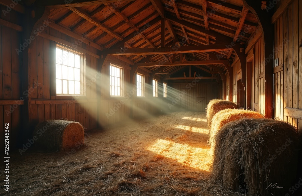 Sunlight shines through roof of wooden barn illuminating hay bales ...