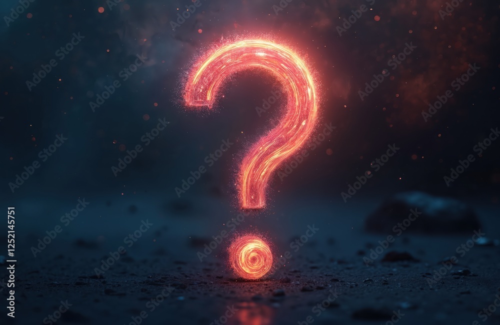 Stock-Foto „Abstract glowing question mark sign on dark background. Mystery concept image ...