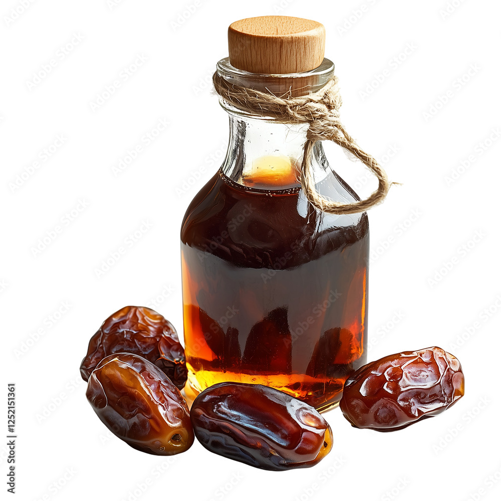 Date syrup in a glass bottle with fresh dates, natural sweetener for ...