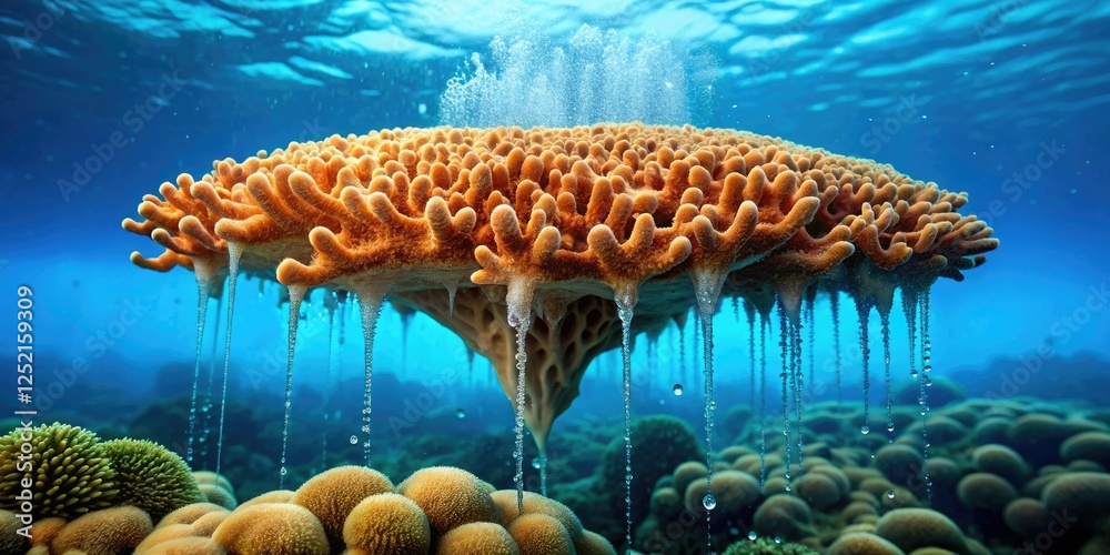 Coral structure with slimy deposits and drips on an isolated oceanic ...