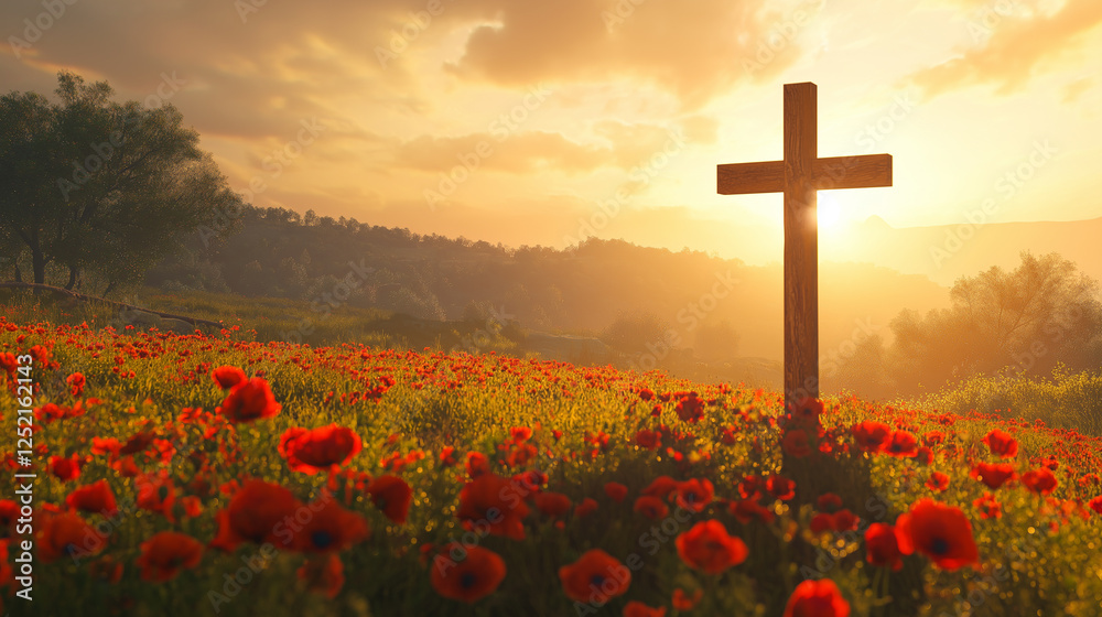 Easter cross on hill, flower aroung, sunset, bible resurrection tomb ...