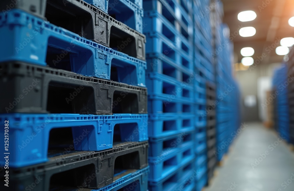 Ilustración de Stock Pile of blue plastic shipping pallets stacked at factory warehouse. Plastic ...
