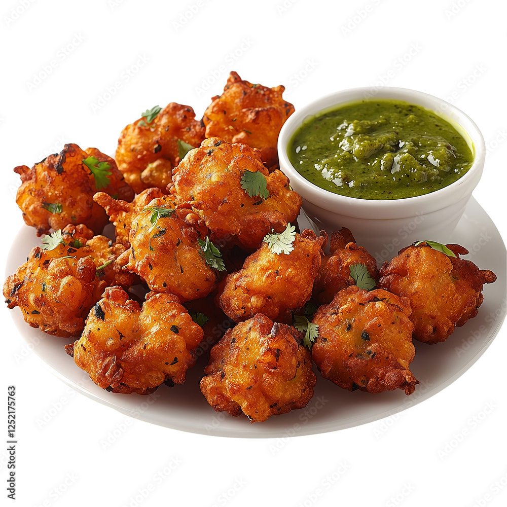 Fried pakoras with green chutney, crispy Iftar snacks, isolated on ...