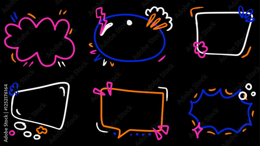 Hand drawn of neon speech bubble collection set on black background ...