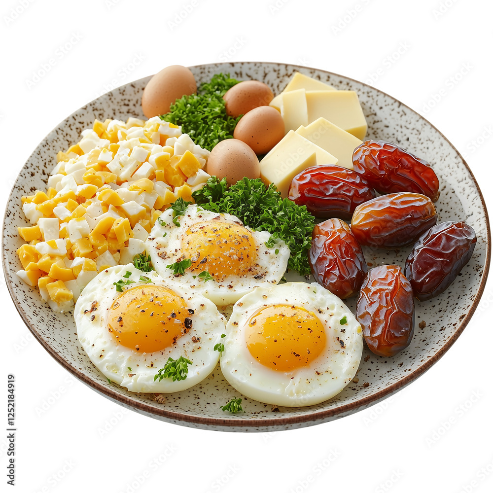 Healthy suhoor meal with eggs, cheese, and dates, balanced pre-dawn ...