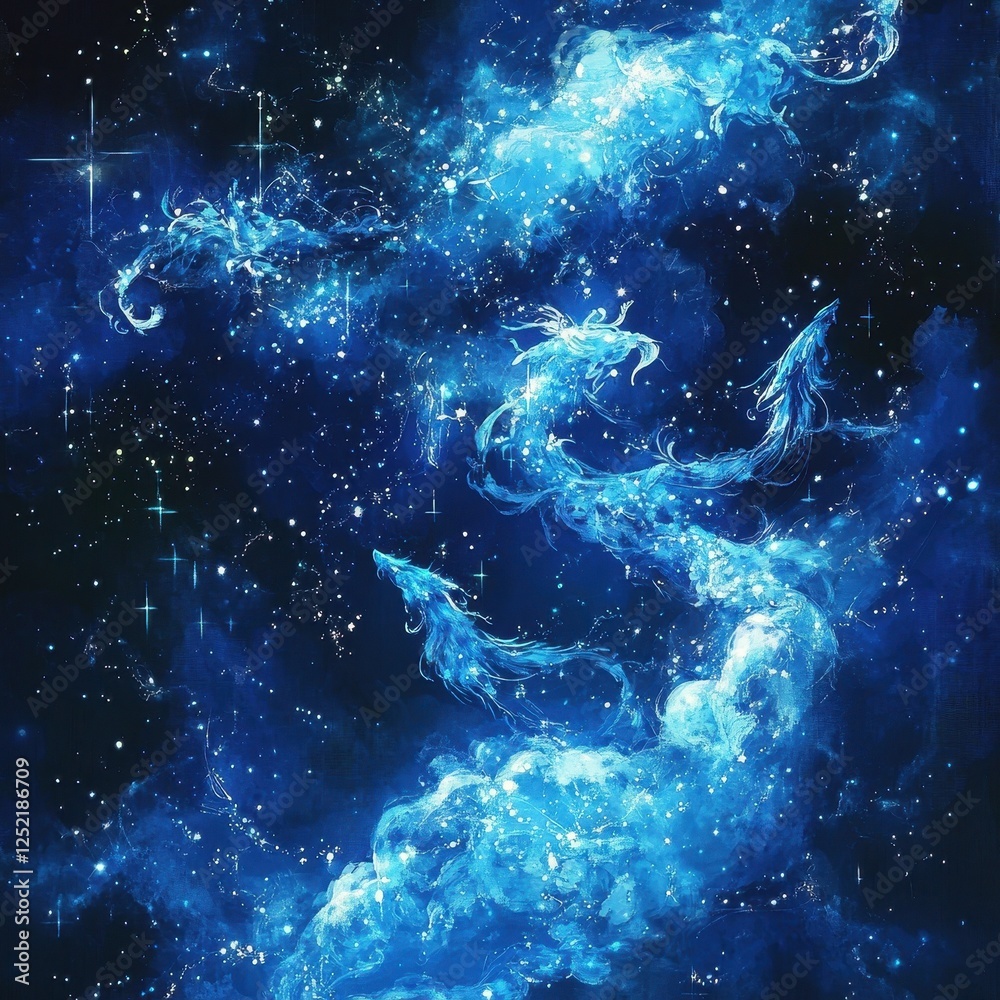 Astral wolves traverse a celestial landscape amidst twinkling stars ...