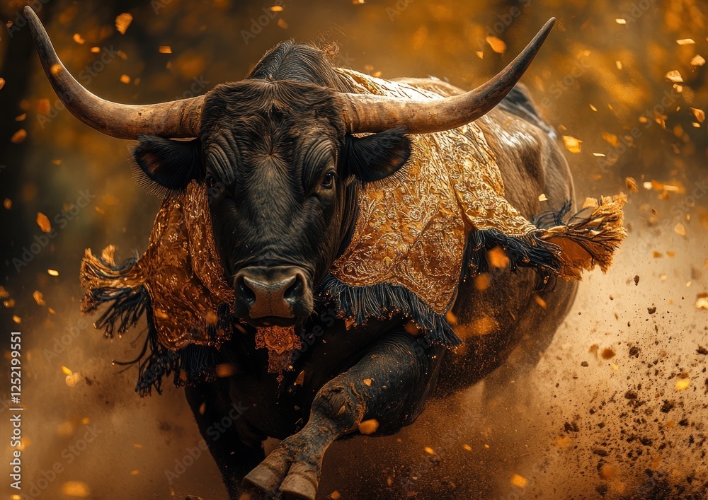 Bull in a matador jacket, charging pose, arena setting, action shot ...