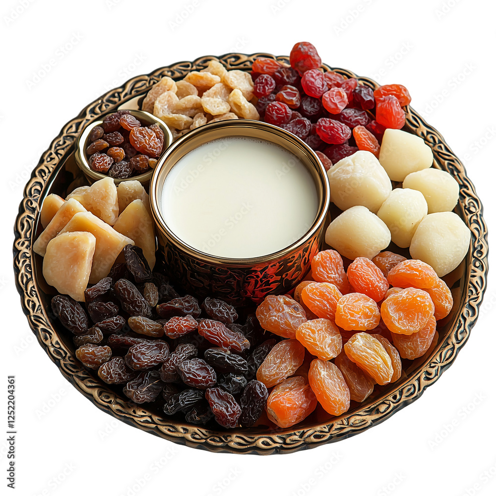 Milk and dried fruits platter, essential Suhoor food, isolated on ...
