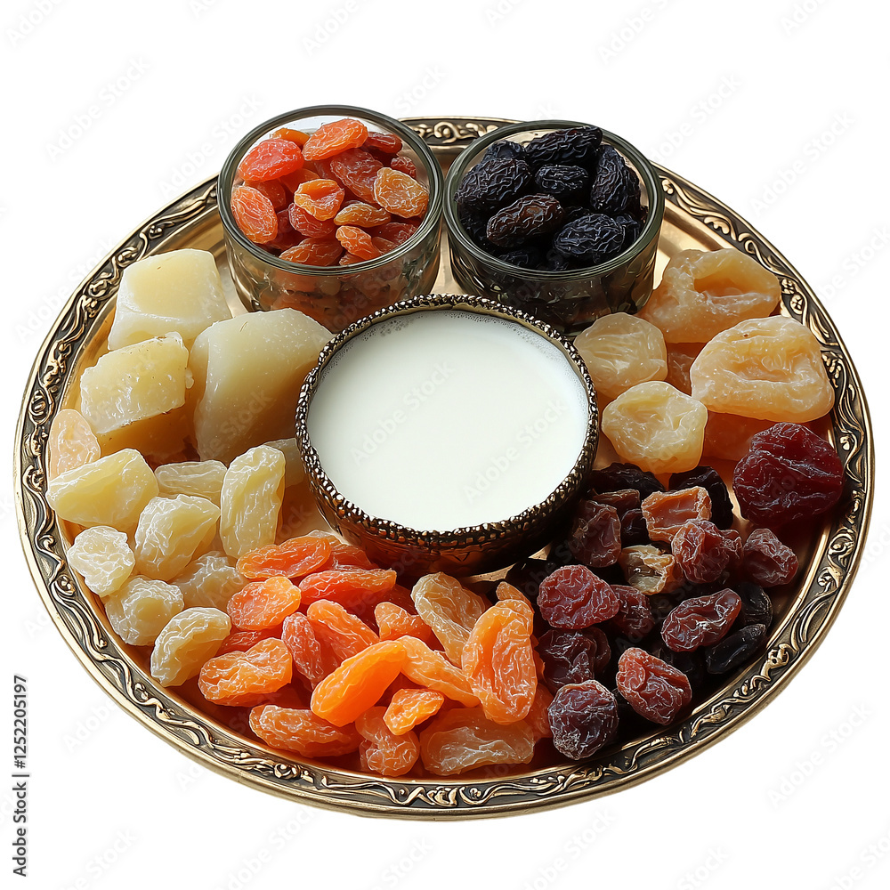 Milk and dried fruits platter, essential Suhoor food, isolated on ...