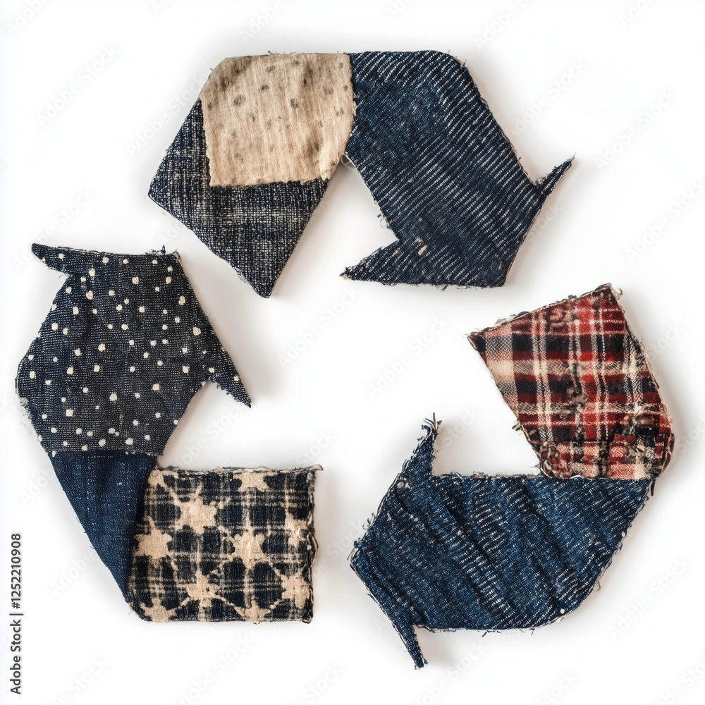 Recycle sign made of different old printed fabric. Isolated on white ...