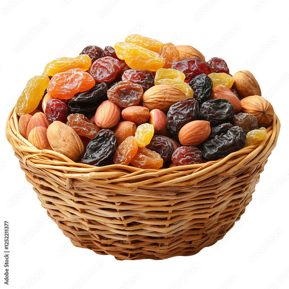 Nuts and dried fruits in a Ramadan food basket, symbolic of charity ...