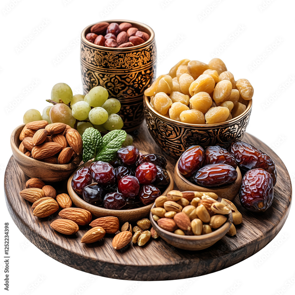 Simple yet aesthetic Iftar meal with fruits, nuts, and dates, isolated ...