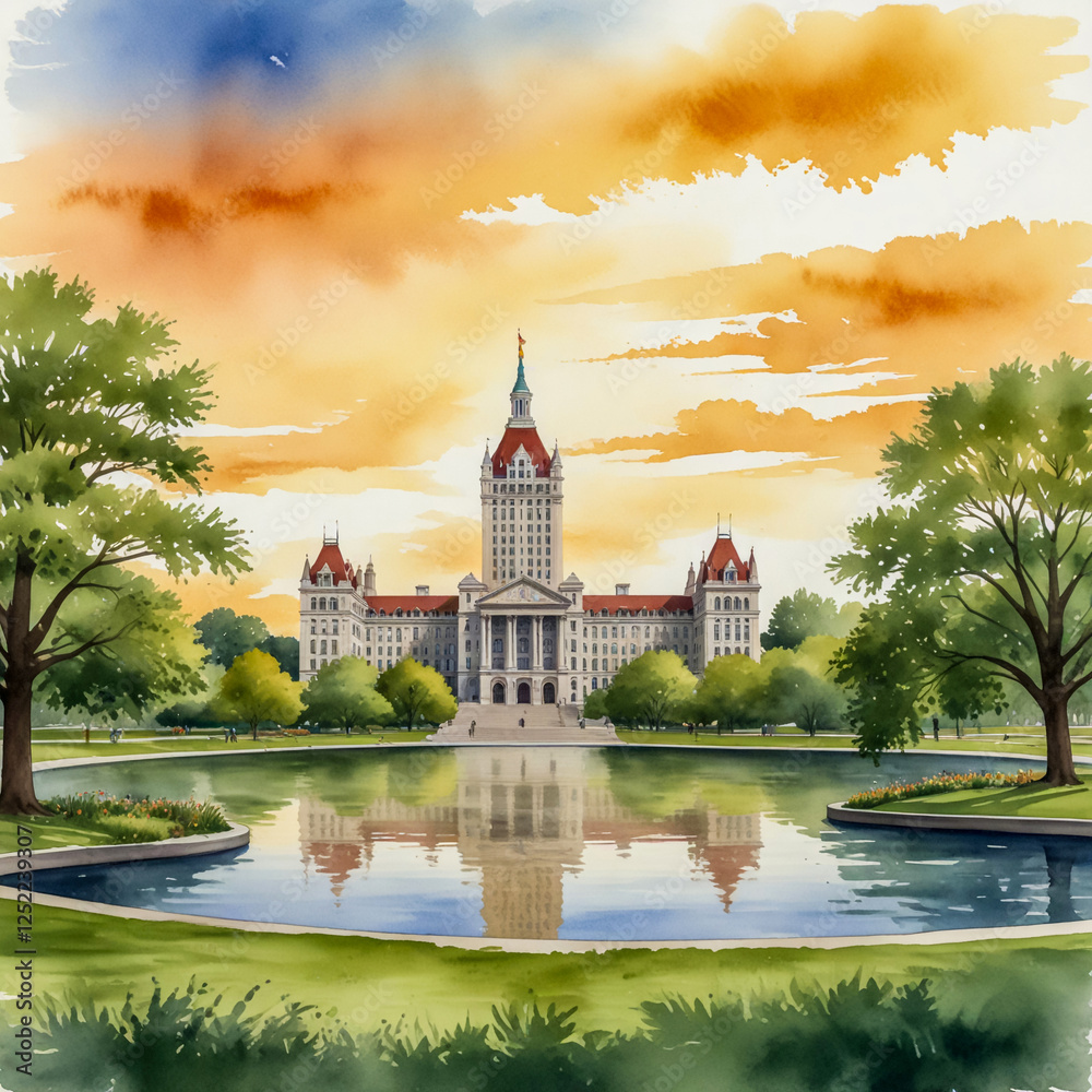 watercolor illustration of Albany, New York, focusing on its iconic ...