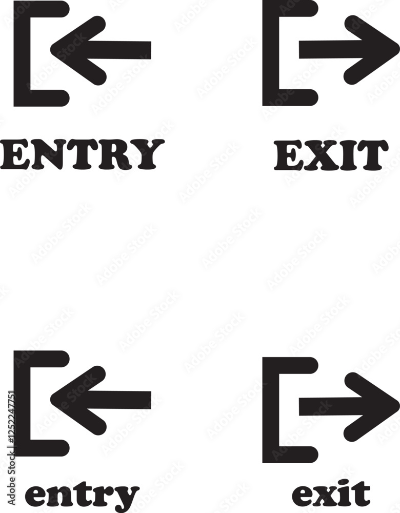 Enter and exit icon set. Entry and out sign black flat and line vector ...