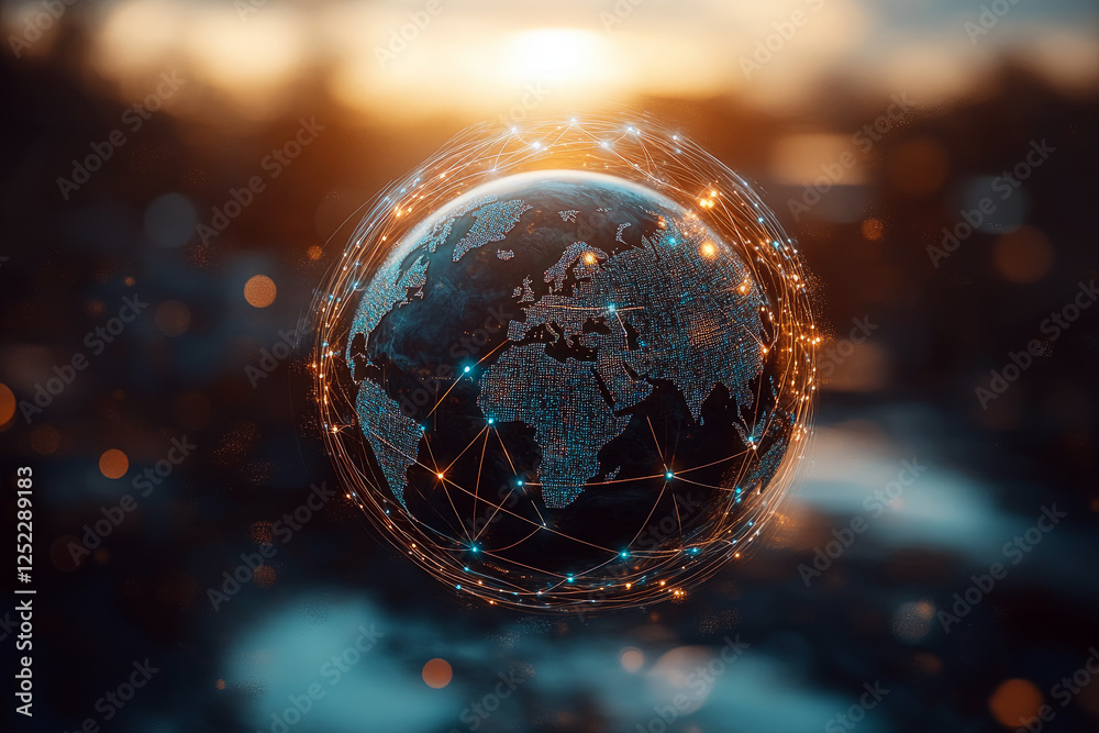 Global network connectivity represented by a glowing digital Earth with ...