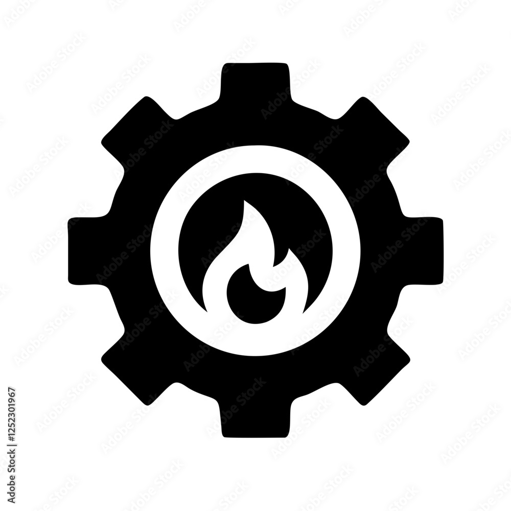 Gear with flame icon, industry, manufacturing, engineering, energy ...