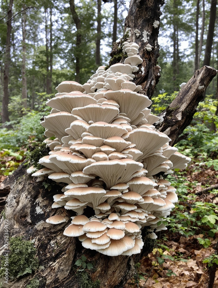 Aesthetic view of white bracket fungi thriving on a decomposing tree ...