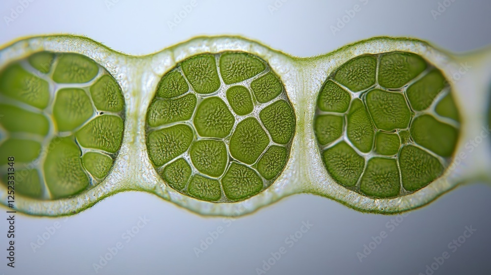 Microscopic view of green algae cells arranged in a filamentous ...