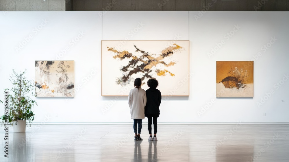Woman and couple observing modern art in a contemporary art gallery ...