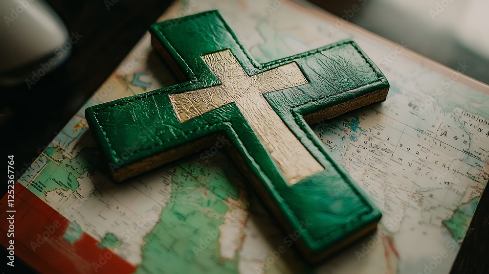 Green Leather Cross on World Map, Symbol of Faith and Travel Stock ...