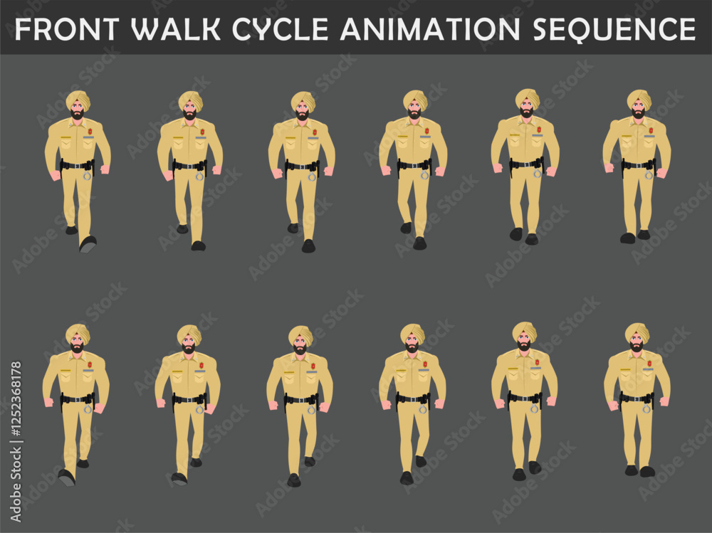 Police Officer Character walk cycle animation sequence. Front walk frame by frame animation ...
